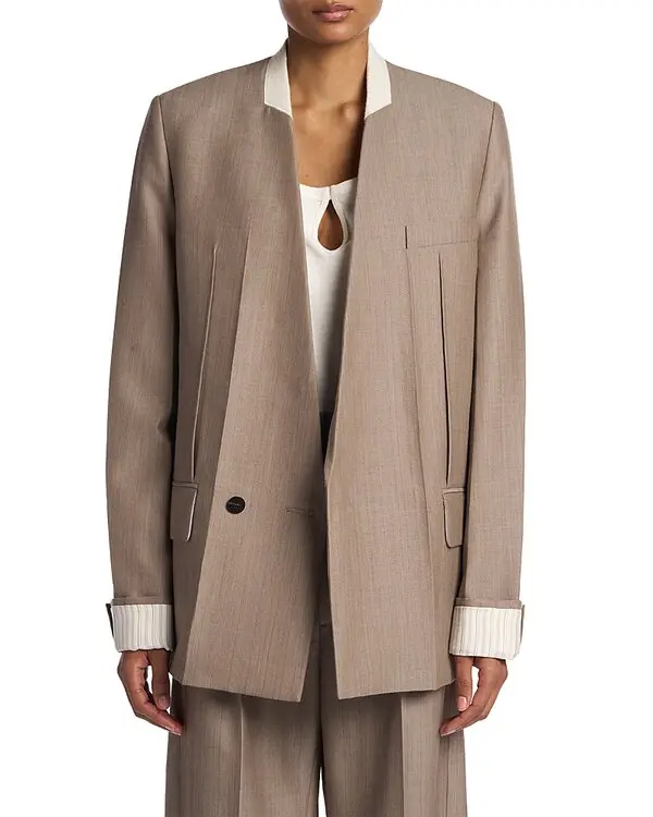 Victoria Beckham Collarless Jacket In Virgin Wool - Limestone