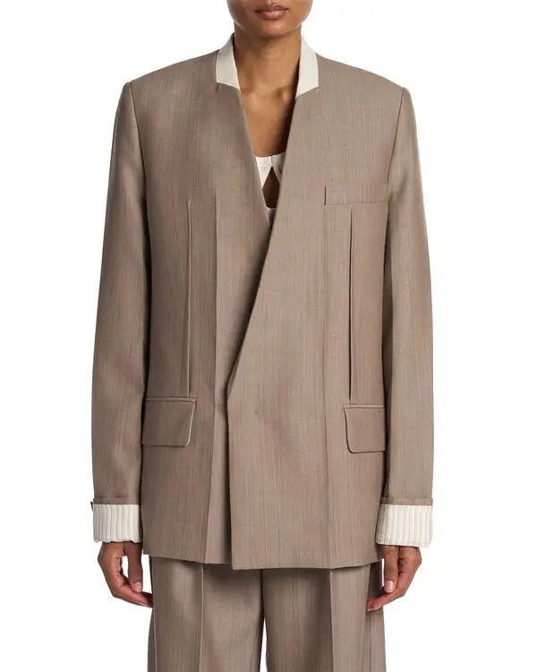 Victoria Beckham Collarless Jacket In Virgin Wool - Limestone