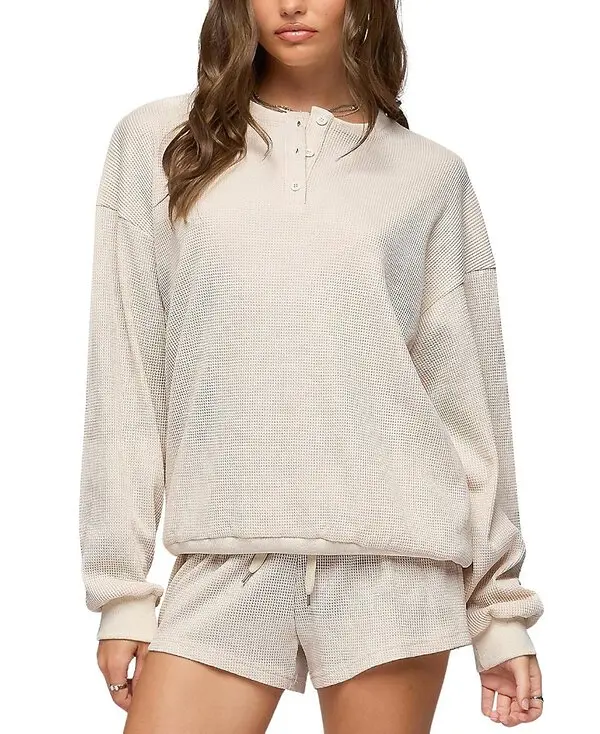 EDIKTED Baila Waffle Henley Top - Stone