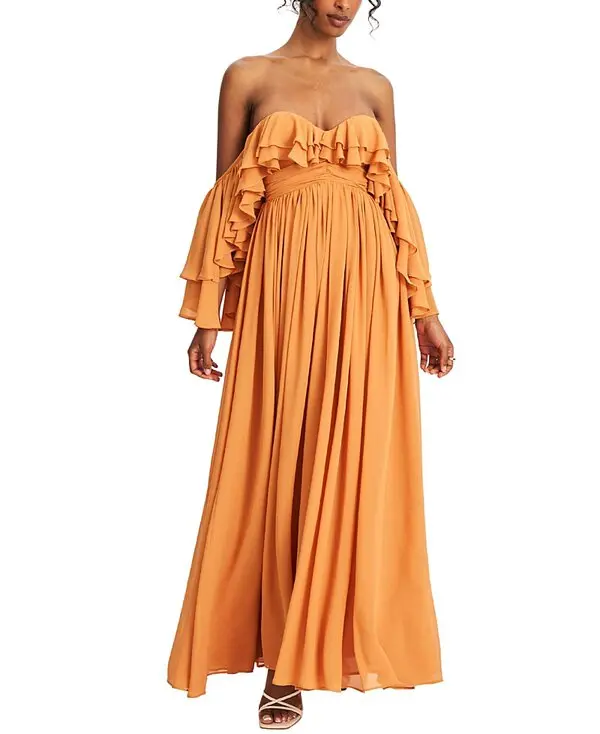 MISS CIRCLE NEW YORK Kaela Off Shoulder Chiffon Maxi Dress - Brick