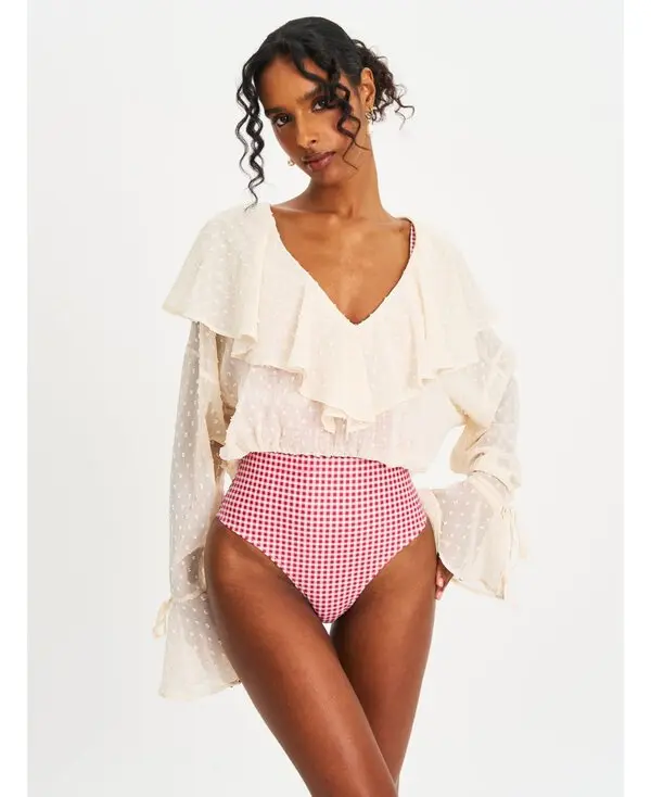 MISS CIRCLE NEW YORK Magali Dotted Mesh Ruffle V-collar Top