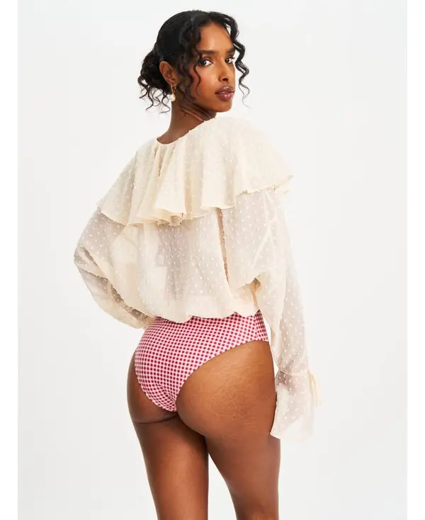 MISS CIRCLE NEW YORK Magali Dotted Mesh Ruffle V-collar Top