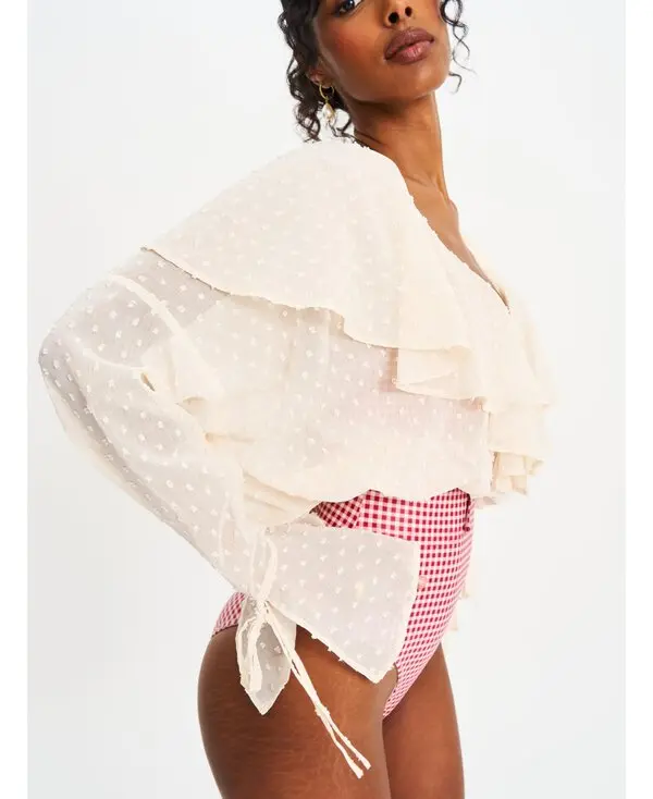 MISS CIRCLE NEW YORK Magali Dotted Mesh Ruffle V-collar Top