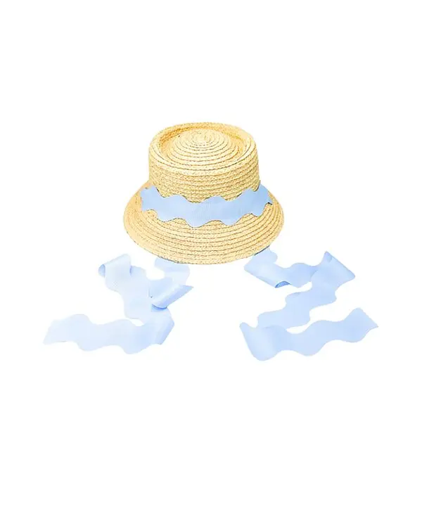 BITS & BOWS Straw Harbor Hat With Scalloped Ribbon - Beige/blue