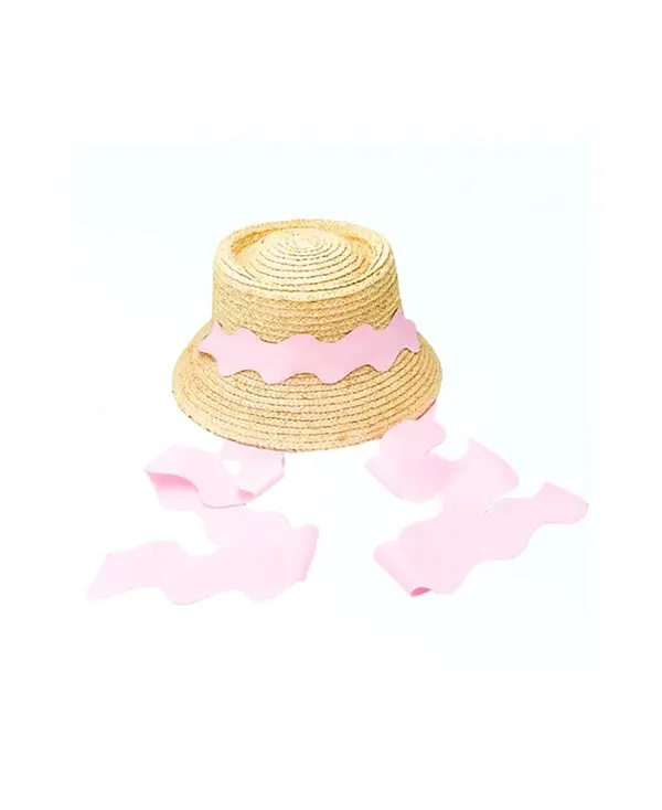 BITS & BOWS Straw Harbor Hat With Scalloped Ribbon - Beige/pink