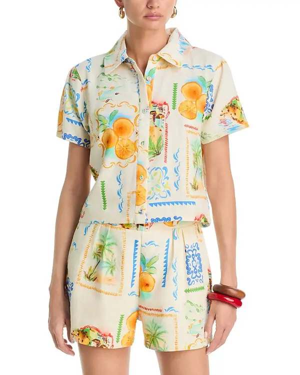 Aqua Postcard Printed Short Sleeve Shirt - White Multi