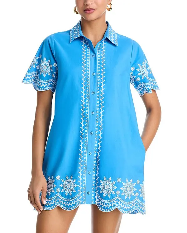 French Connection Alissa Embroidered Mini Shirt Dress - Poolside Blue