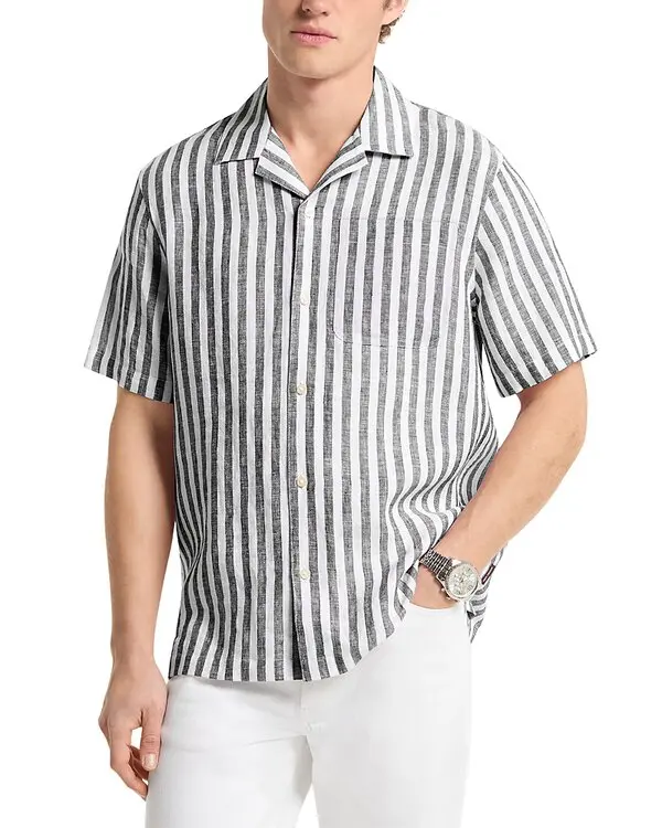 Michael Kors Stripe Linen Camp Shirt - Black