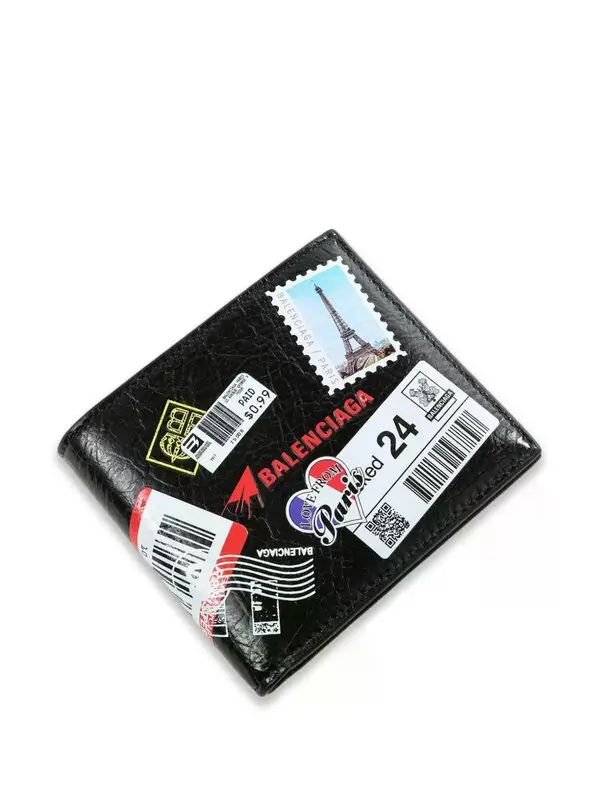 Balenciaga Sticker-print Crinkled Leather Wallet - Black