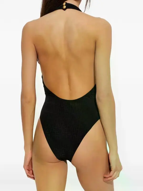 Balmain Monogram-jacquard Halterneck Swimsuit - Black