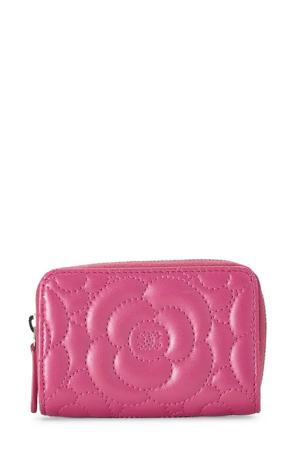 Chanel Embossed Camellia Zip Around Coin Purse - Pink