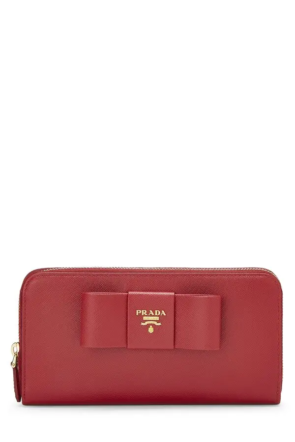 Prada Saffiano Bow Zip Around Wallet - Red