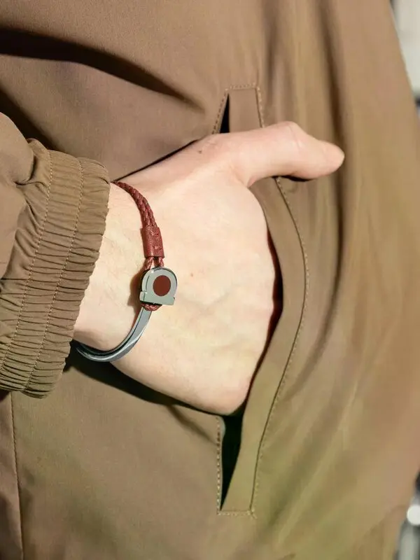 FERRAGAMO Gancini Braided Leather Bracelet - Silver