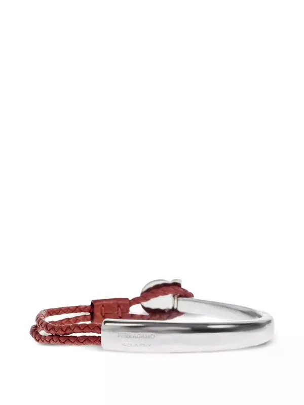FERRAGAMO Gancini Braided Leather Bracelet - Silver