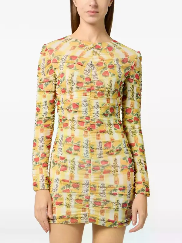 Philipp Plein Wrinkled Tulle Mini Dress With Fruit Print - Yellow