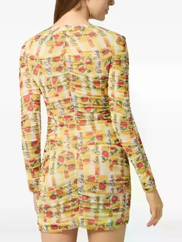 Philipp Plein Wrinkled Tulle Mini Dress With Fruit Print - Yellow