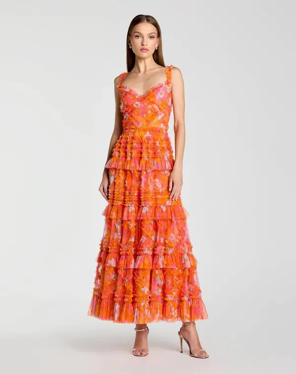Mac Duggal Floral Ruffle A-line Maxi Dress