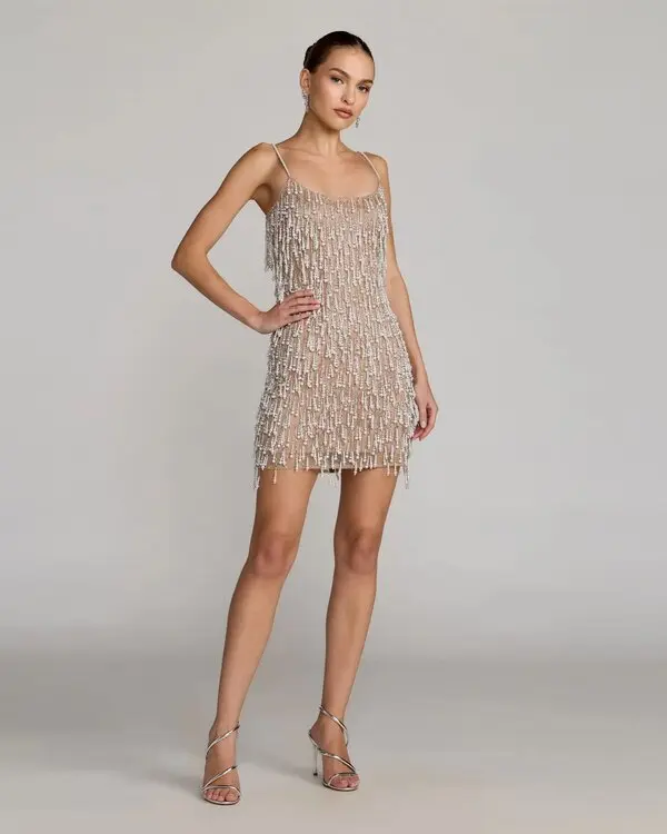 Mac Duggal Embellished Fringe Mini Dress - Neutral