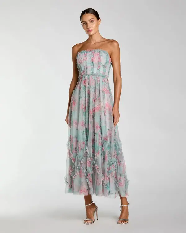 Mac Duggal Strapless Floral Ruffled Maxi Dress