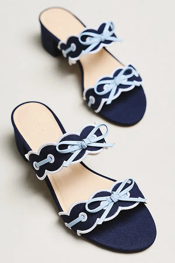 Maeve Bow Scalloped Double-strap Block Heels - Blue Denim