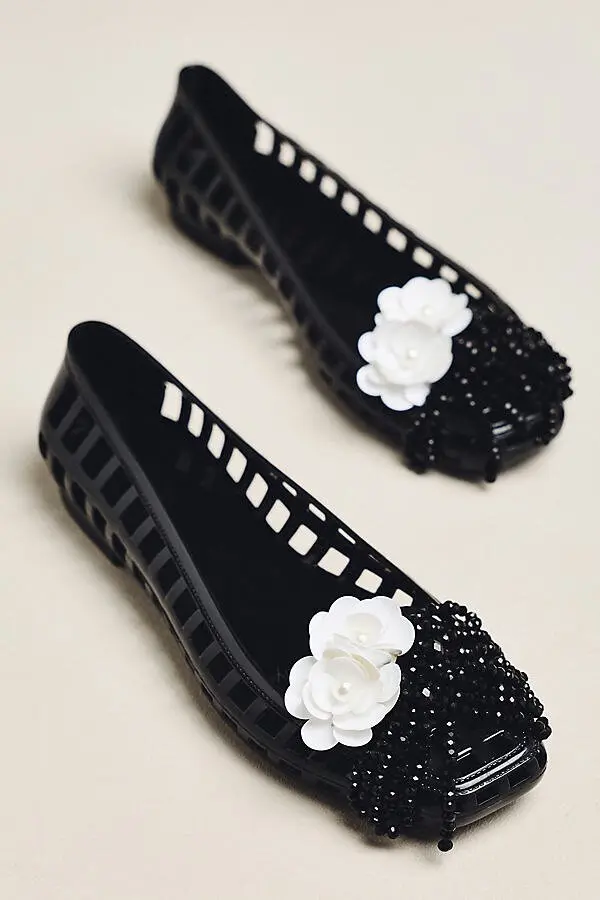 Anthropologie Blushing Flower Jelly Flats - Black & White Pattern