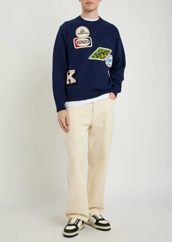 Kenzo Badges Appliquéd Cotton And Wool-blend Jumper - Navy