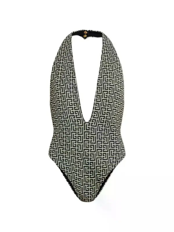 Balmain Monogram-pattern Halterneck Swimsuit - Black