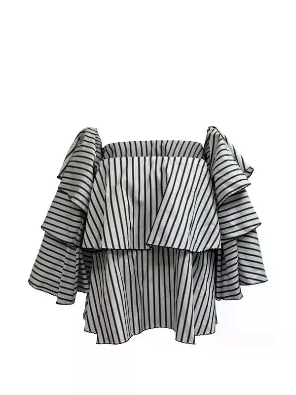 Caroline Constas Striped Off-shoulder Tiered Ruffle Blouse