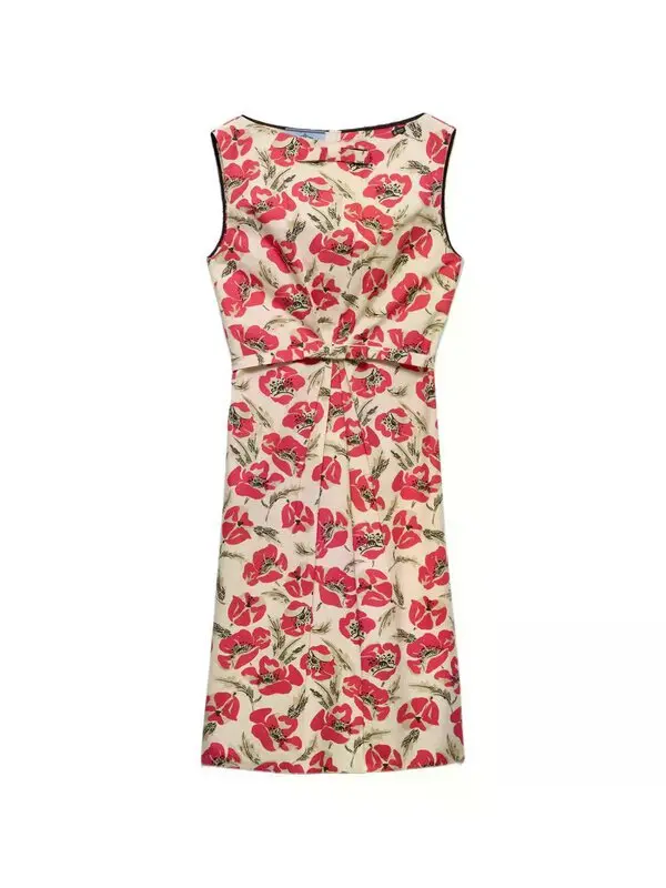 Prada Printed Soft Poplin Dress With Floral Motif And Bow Detail - Neutrals