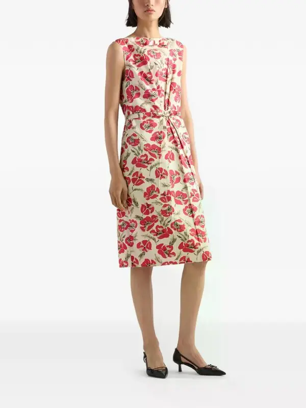 Prada Printed Soft Poplin Dress With Floral Motif And Bow Detail - Neutrals