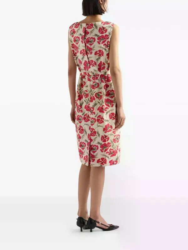Prada Printed Soft Poplin Dress With Floral Motif And Bow Detail - Neutrals