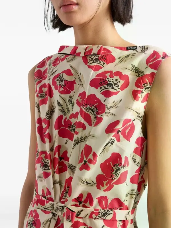 Prada Printed Soft Poplin Dress With Floral Motif And Bow Detail - Neutrals