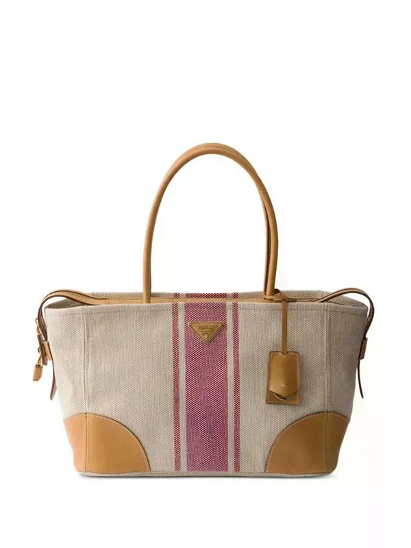 Prada Large Canvas And Leather Shopping Bag - Neutrals