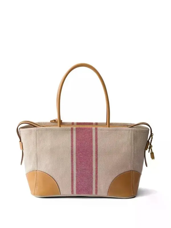 Prada Large Canvas And Leather Shopping Bag - Neutrals