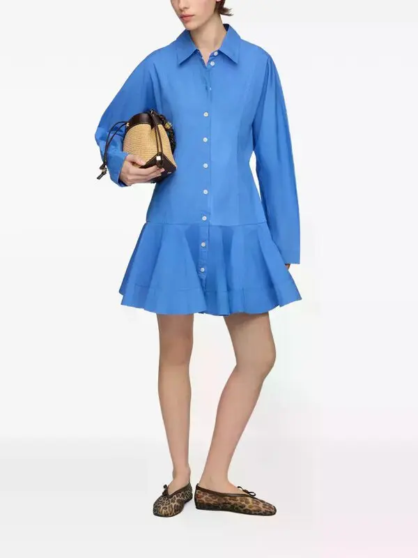 GANNI Ruffled Hem Shirt Dress In Organic Cotton - Blue