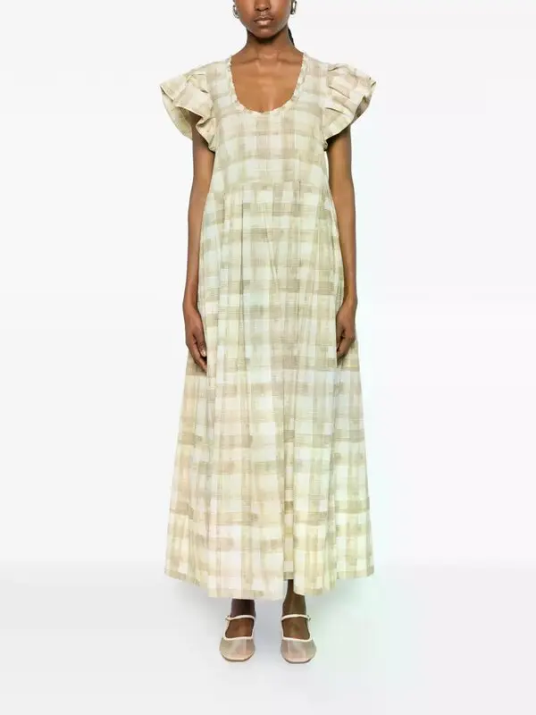 LEE MATHEWS Check-pattern Ruffled-sleeve Maxi Dress