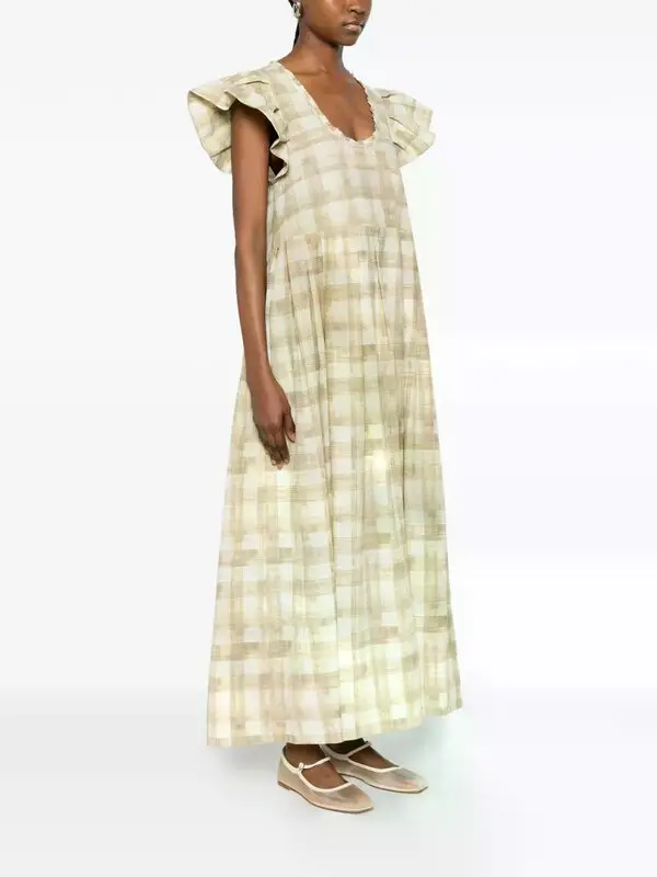 LEE MATHEWS Check-pattern Ruffled-sleeve Maxi Dress