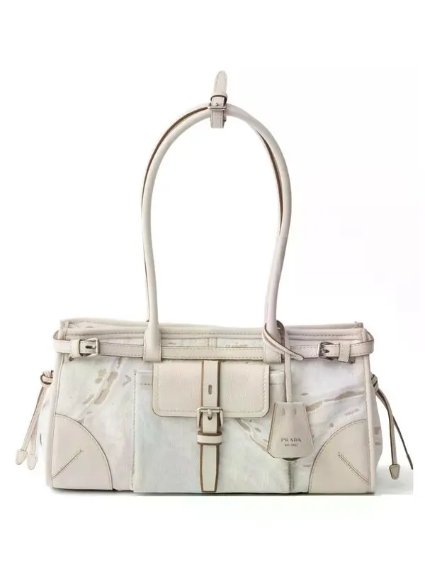 Prada Bonnie Medium Printed Linen And Leather Handbag - Neutrals