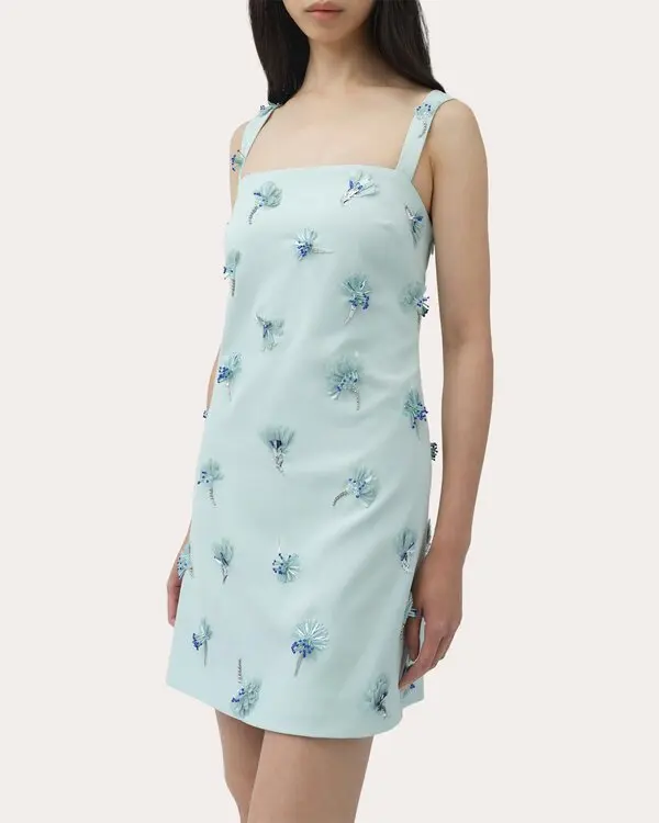 Simkhai Ella Beaded Floral Paillette Crepe Mini Dress - Blue