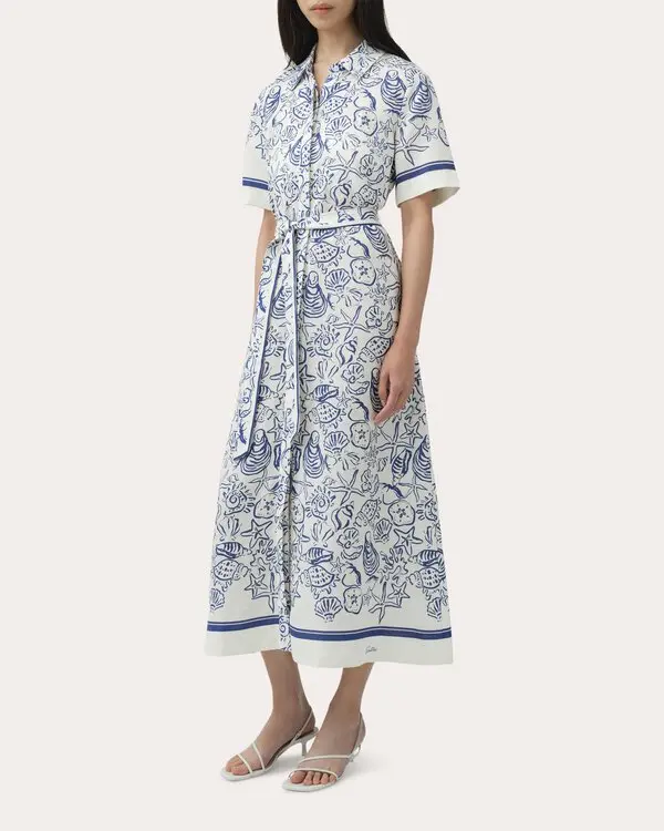 Simkhai Audria Seashell Linen Belted Midi Shirt Dress - Blue