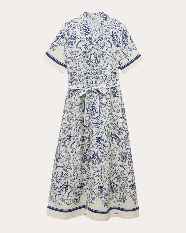Simkhai Audria Seashell Linen Belted Midi Shirt Dress - Blue