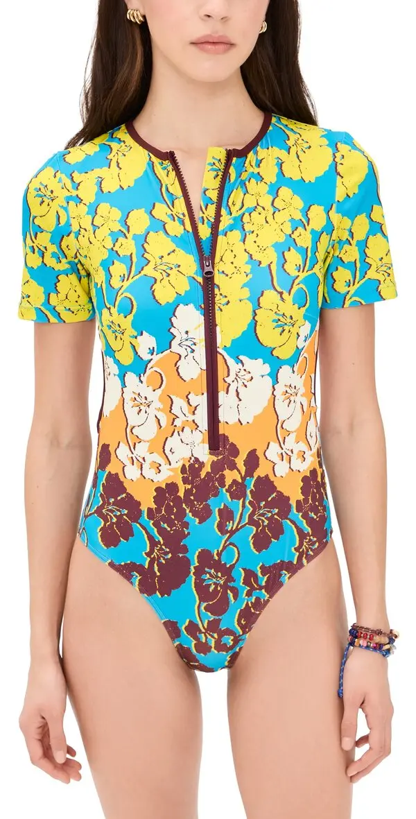 ALEMAIS Short Sleeve Zip Front One-piece With Floral Print