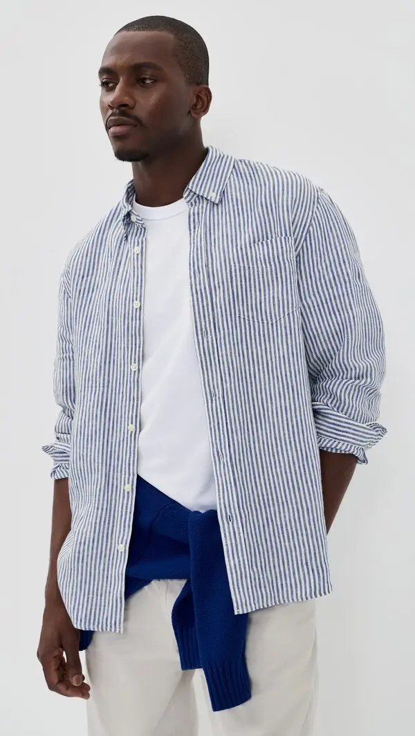 ALEX MILL Mill Dress Shirt In Linen Stripe - Blue/white