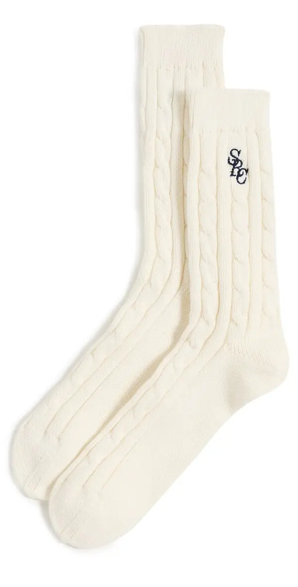 SPORTY & RICH Cable Knit Socks - Ecru Navy