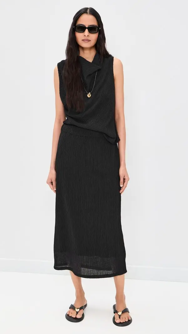 Vince Grid Plisse Midi Skirt - Black