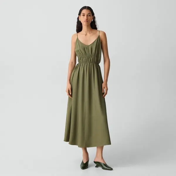 Theory Gathered V-neck Dress In Washed Twill - Forest Moss