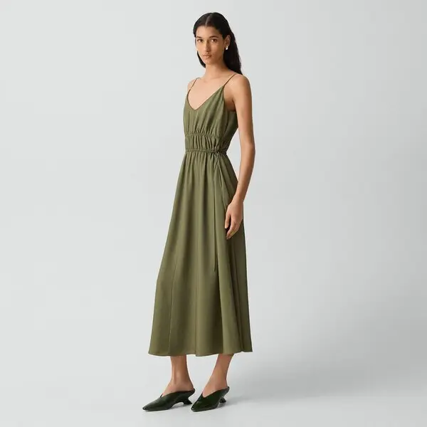 Theory Gathered V-neck Dress In Washed Twill - Forest Moss