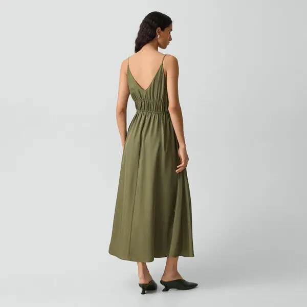 Theory Gathered V-neck Dress In Washed Twill - Forest Moss