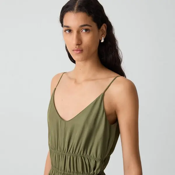 Theory Gathered V-neck Dress In Washed Twill - Forest Moss