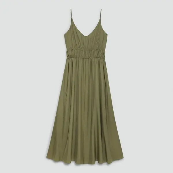 Theory Gathered V-neck Dress In Washed Twill - Forest Moss